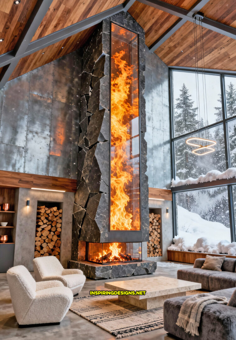 These Giant Cabin Fireplaces Steal the Show With Vertical Inferno Flames