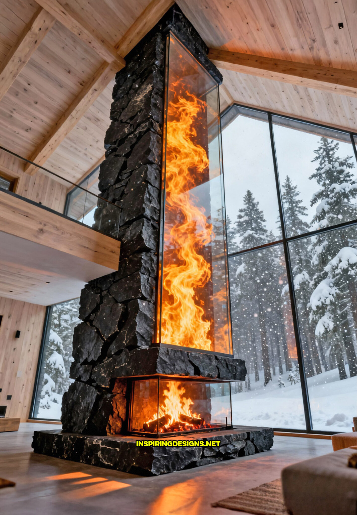 These Giant Cabin Fireplaces Steal the Show With Vertical Inferno Flames