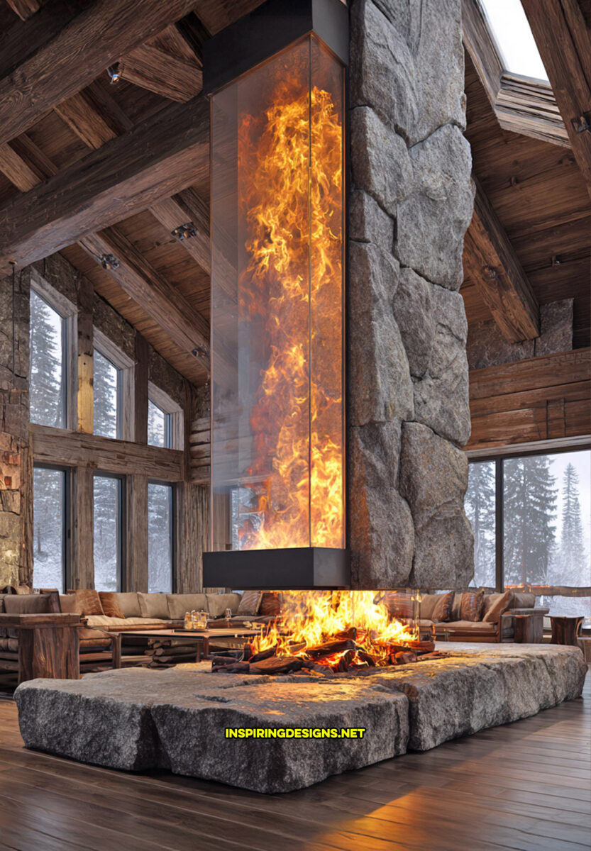 These Giant Cabin Fireplaces Steal the Show With Vertical Inferno Flames