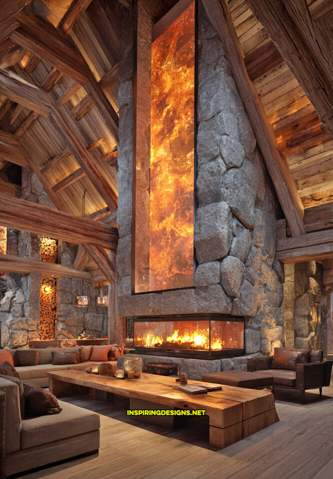 These Giant Cabin Fireplaces Steal the Show With Vertical Inferno Flames