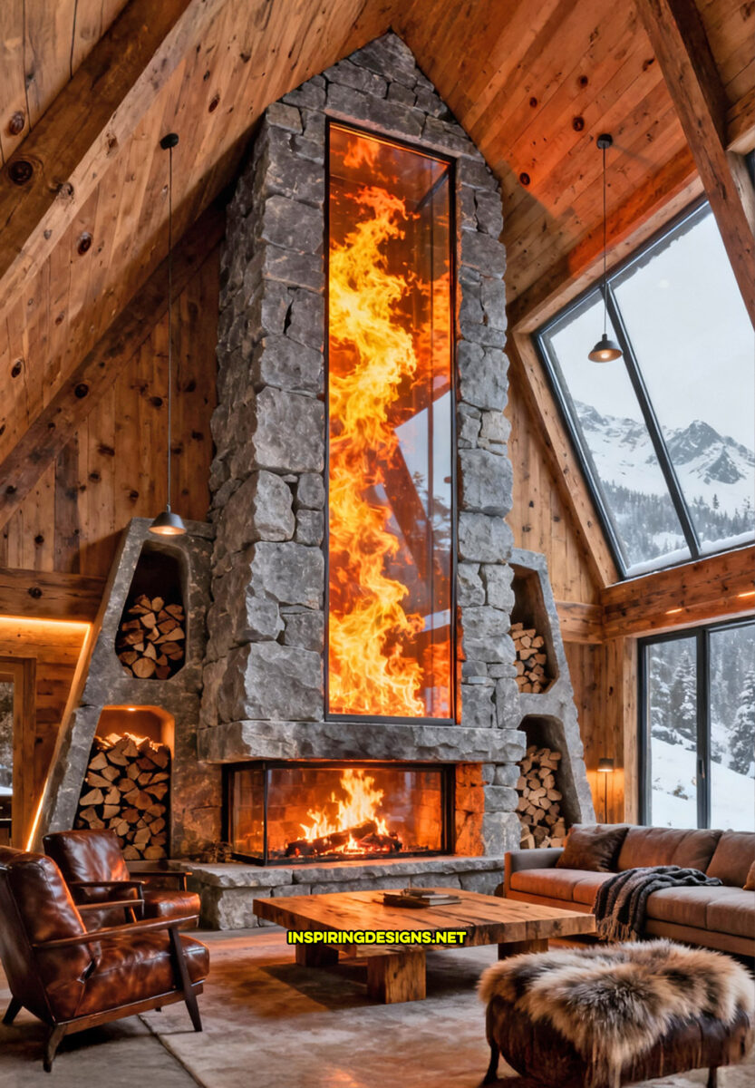 These Giant Cabin Fireplaces Steal the Show With Vertical Inferno Flames