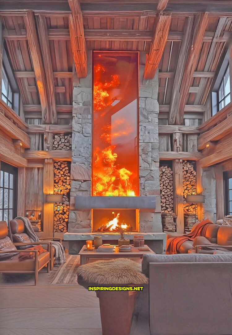 These Giant Cabin Fireplaces Steal the Show With Vertical Inferno Flames