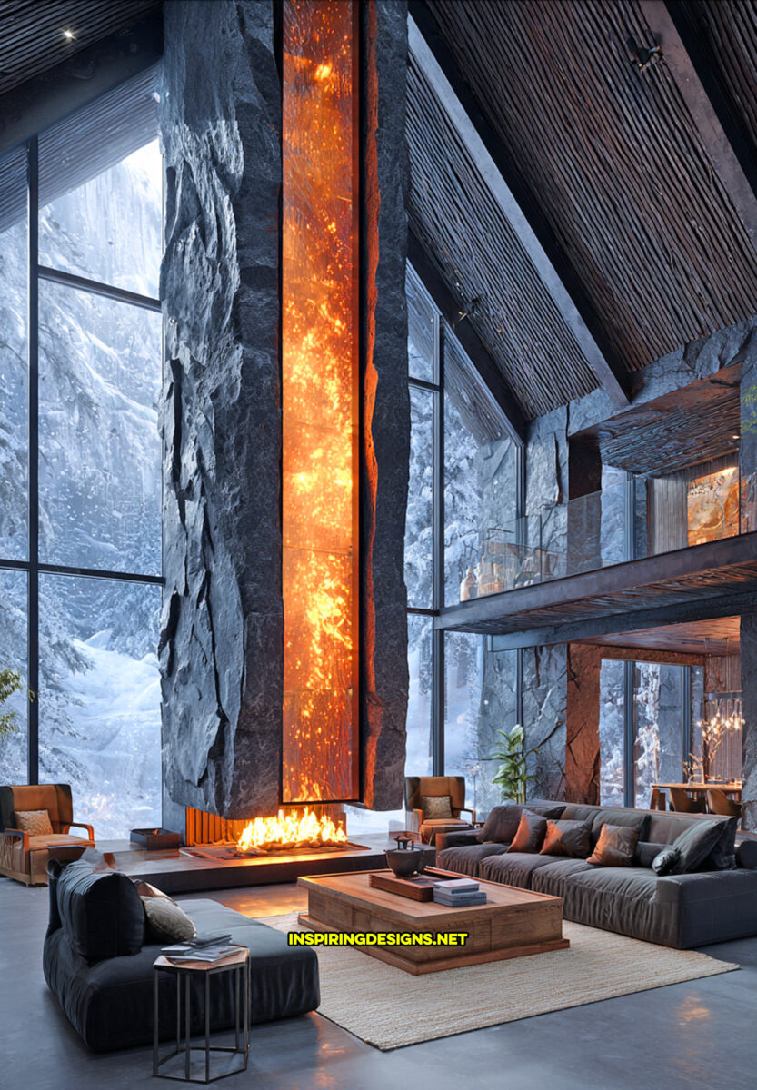 These Giant Cabin Fireplaces Steal the Show With Vertical Inferno Flames