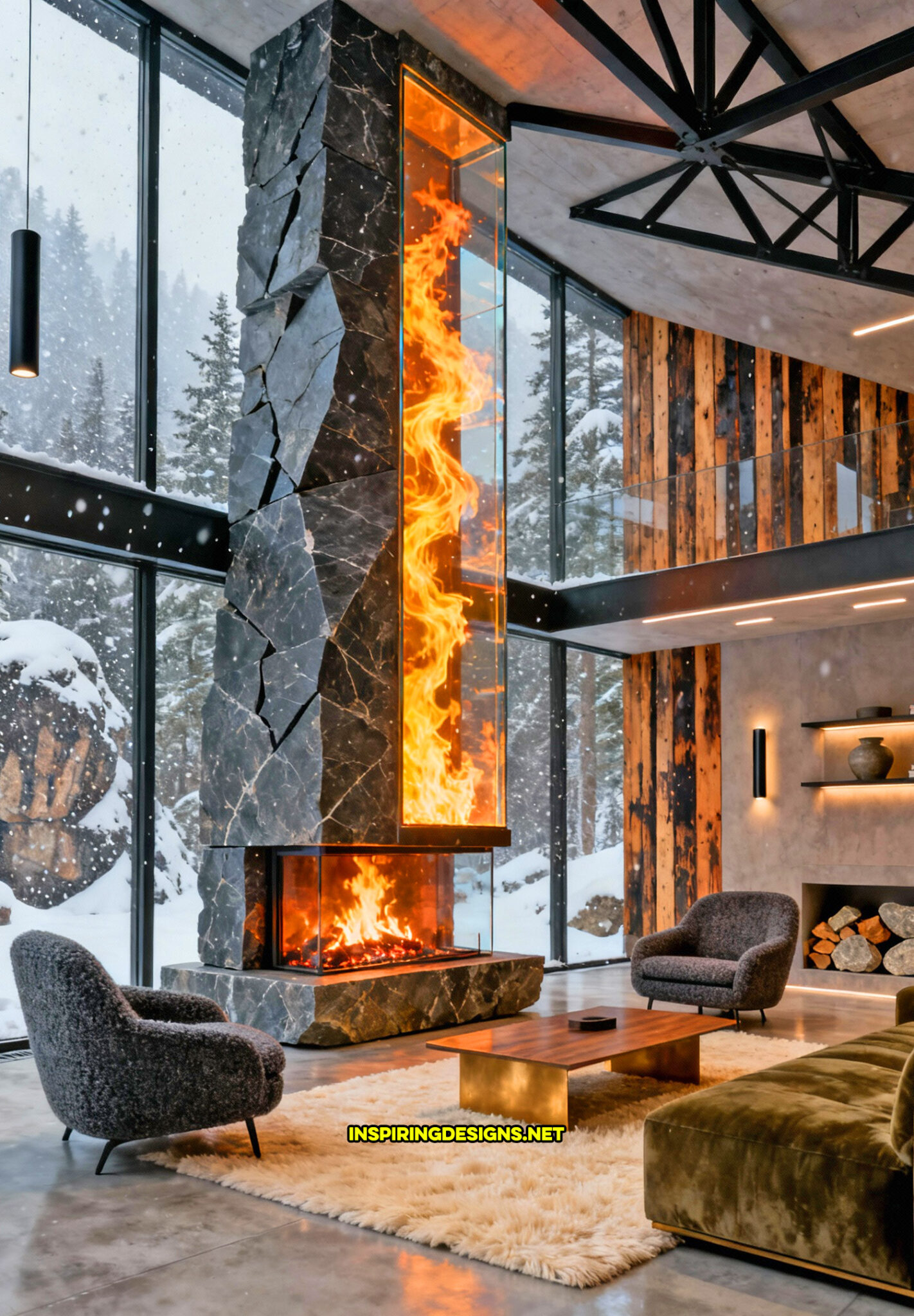 These Giant Cabin Fireplaces Steal the Show With Vertical Inferno Flames