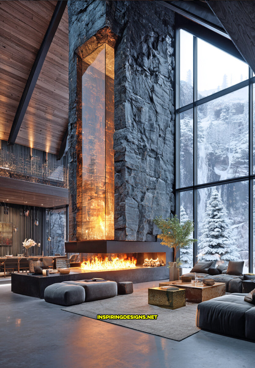 These Giant Cabin Fireplaces Steal the Show With Vertical Inferno Flames